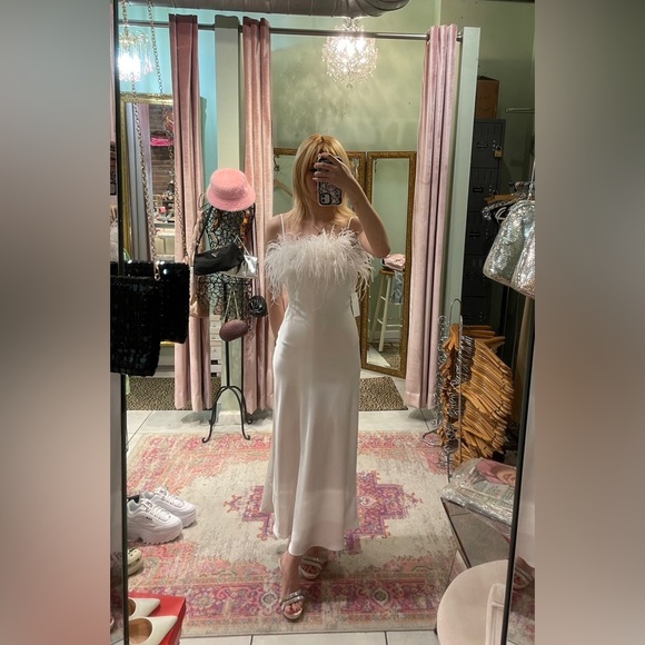 Line & Dot | Dresses | Line And Dot Kiki Satin Feather Trim Slip Dress ...